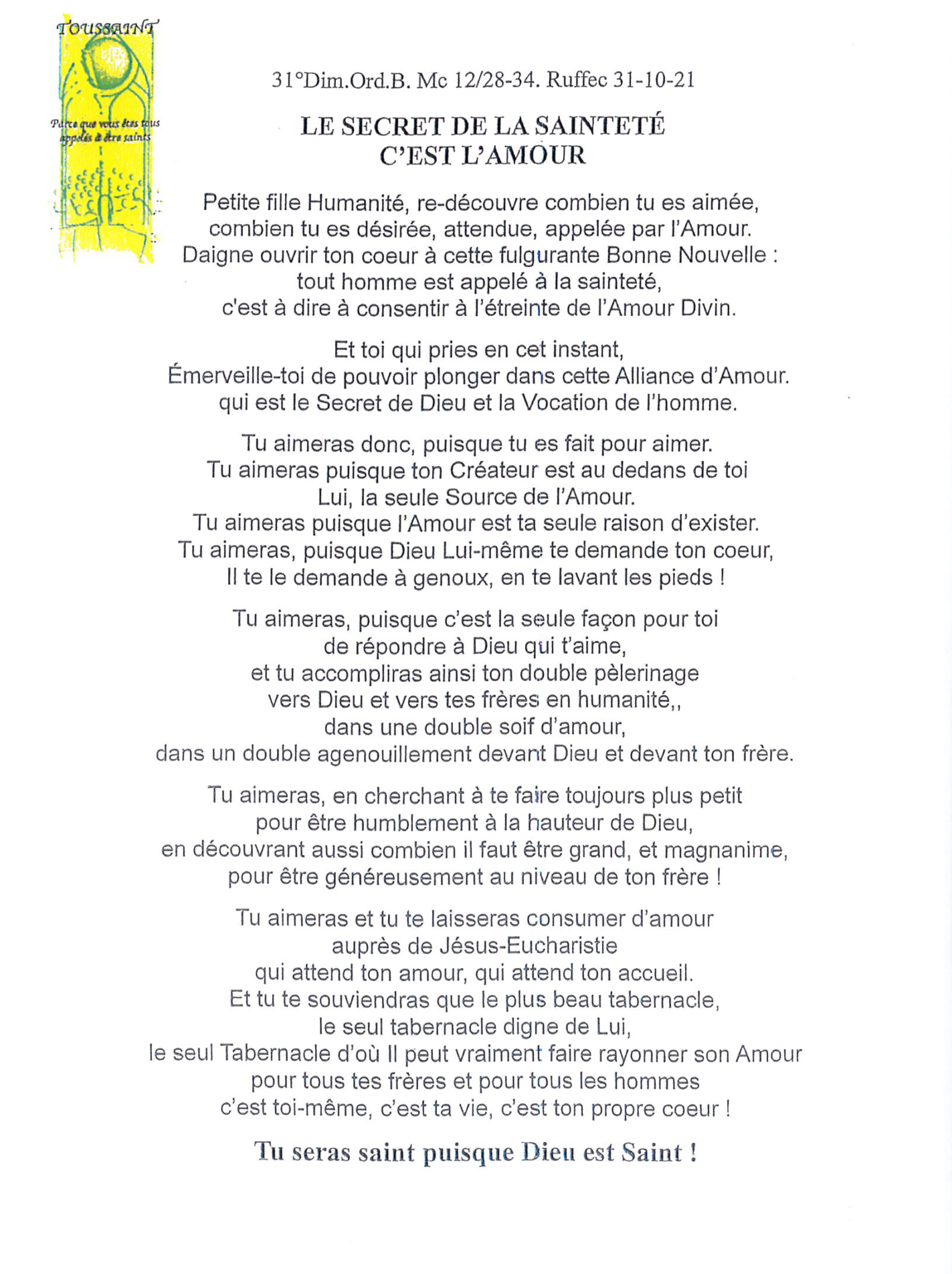 Le SECRET de la SAINTETE c'est l'AMOUR - Doyenné Nord Charente