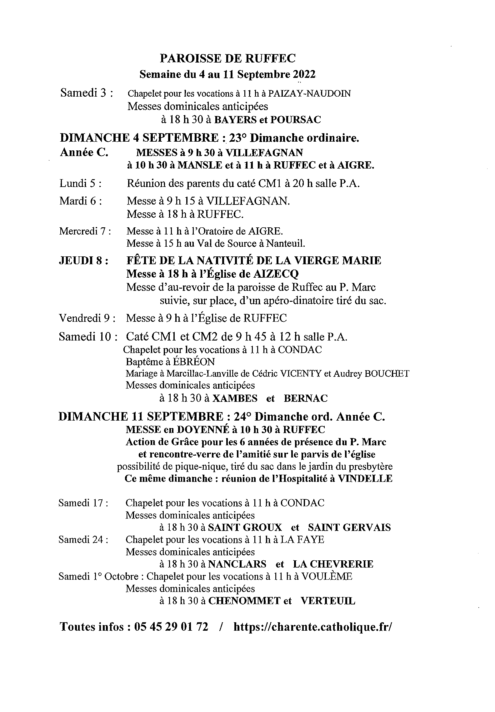 Annonces du 4 au 11 septembre 2022 - Doyenné Nord Charente